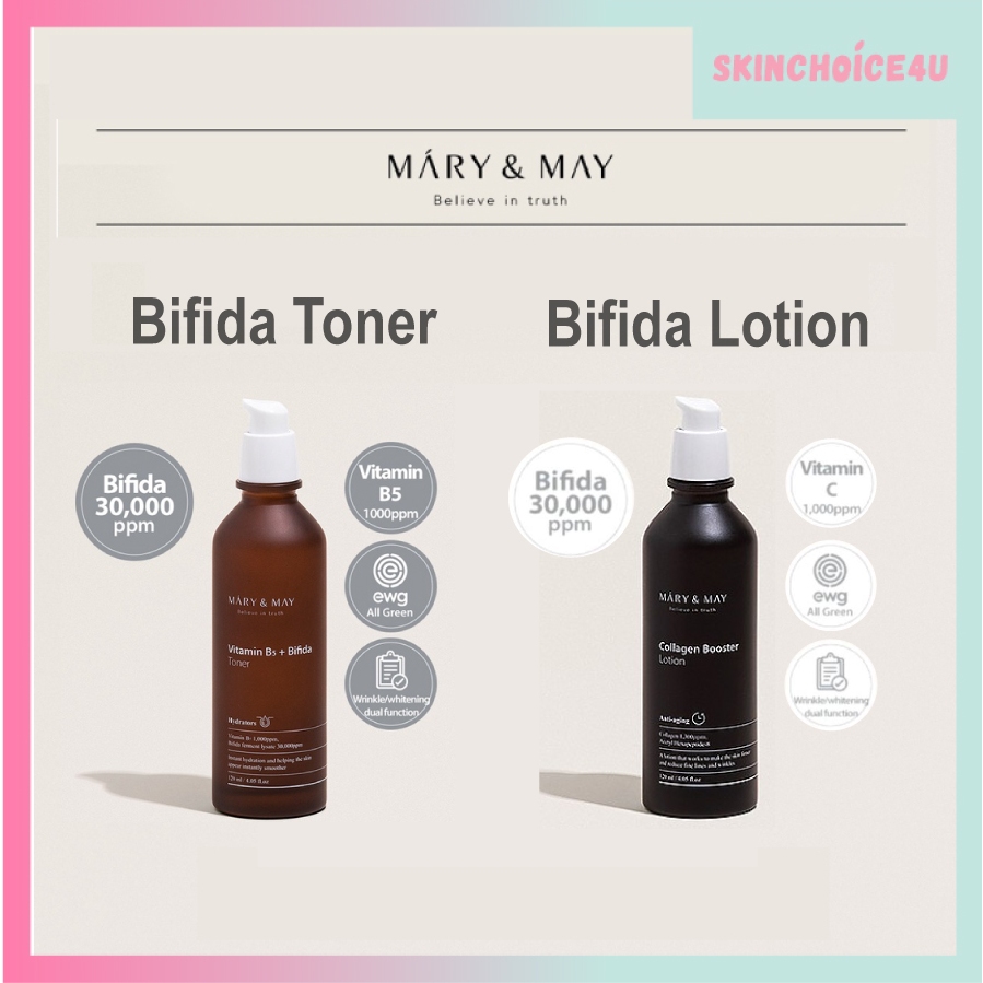 MARY & MAY Vitamin B5 + Bifida Toner 120ml / Vitamin C + Bifida Lotion ...