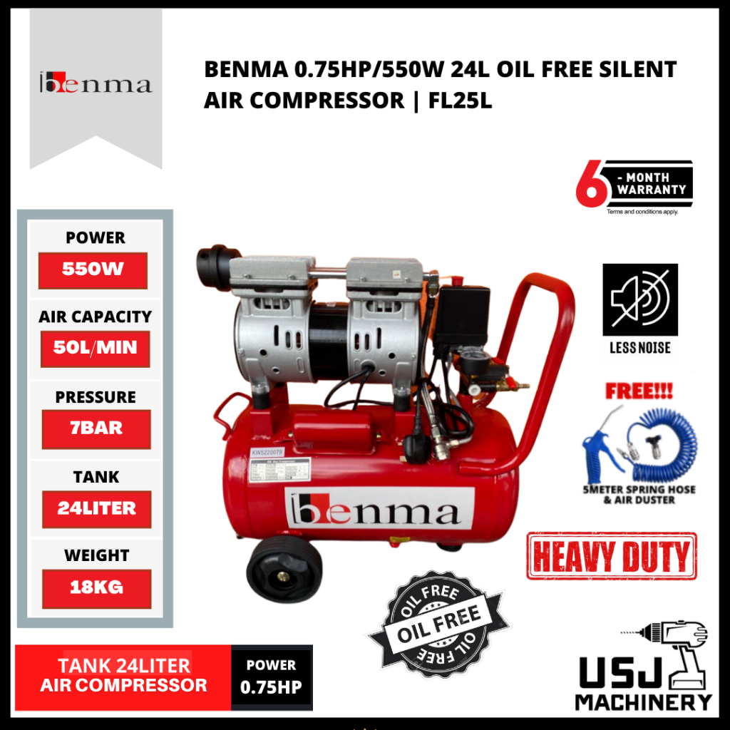 BENMA 0.75HP/550W 24L Oil Free Silent Air Compressor KWU550 - Free Air ...