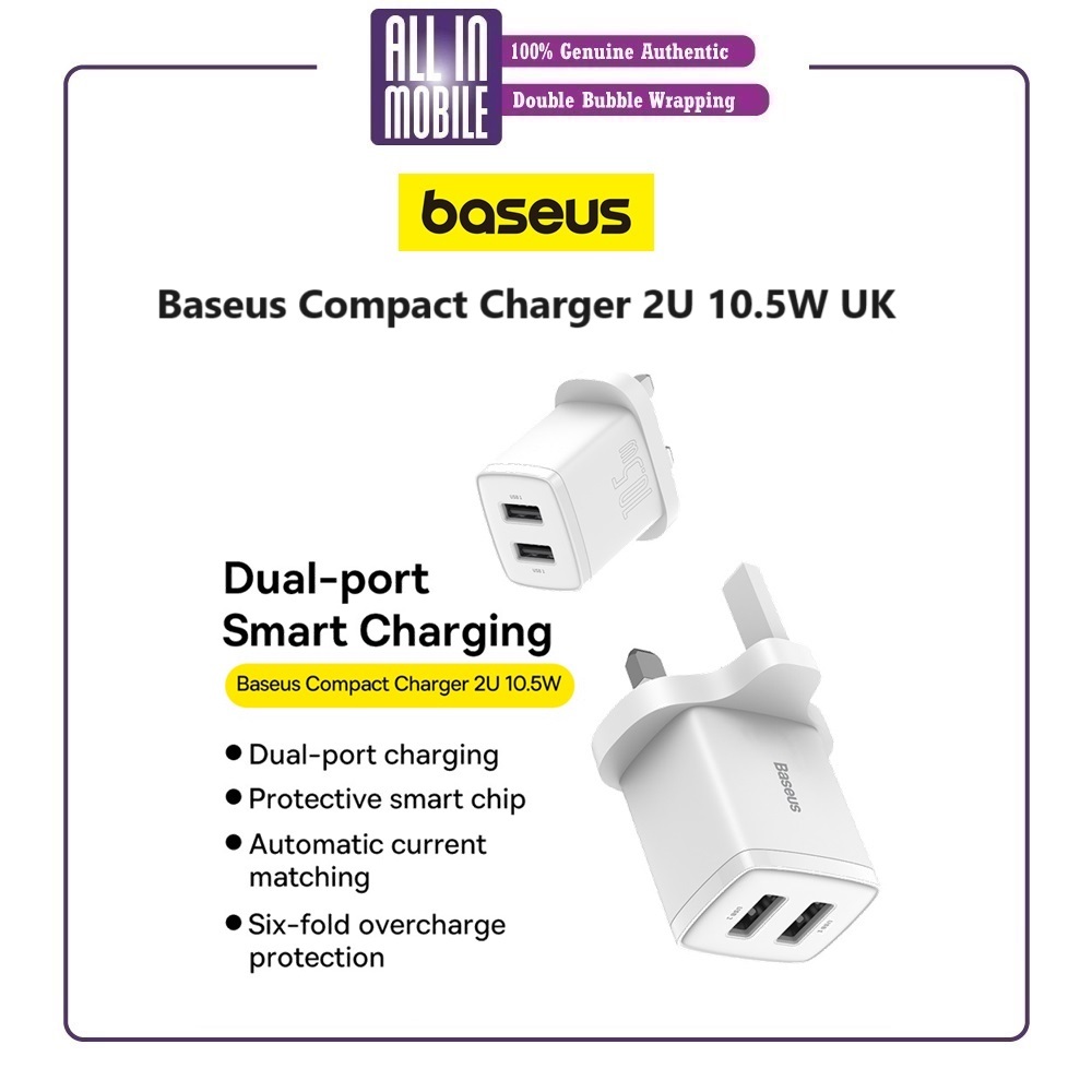 [Original] Baseus Compact Charger 2U 10.5W UK 3 Pin Adapter - 1 Year ...