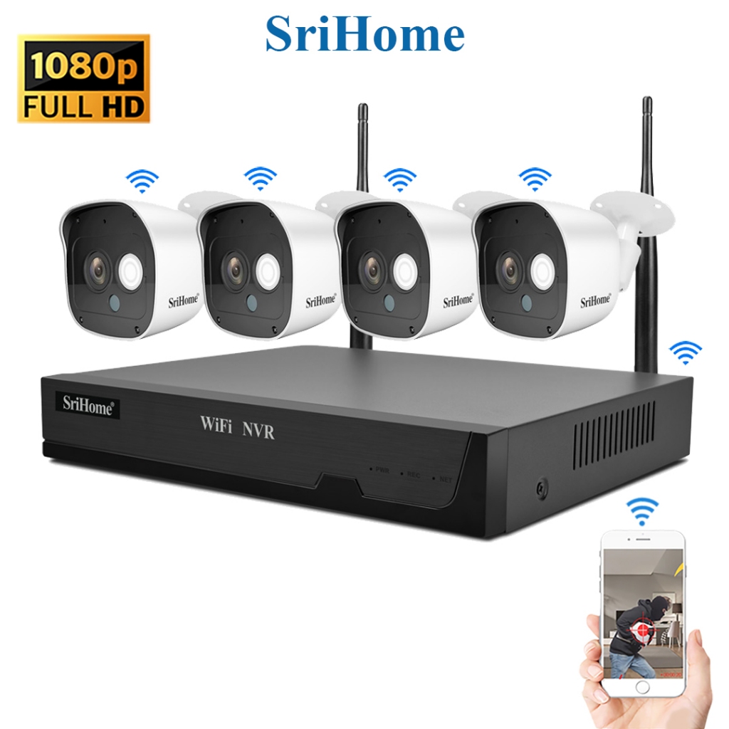 Srihome 4-Channel NVR Wireless Security System 1080P FHD WiFi IP Camera ...