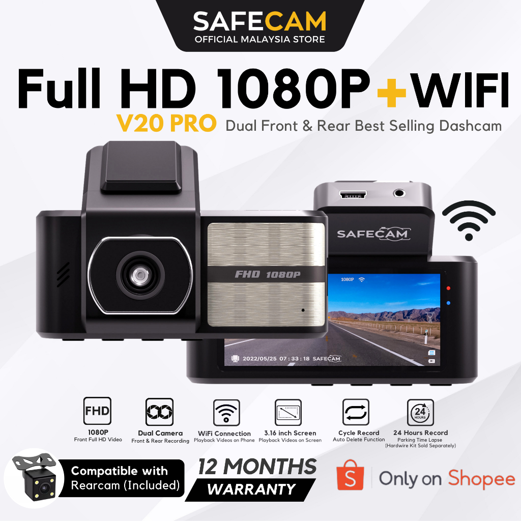SAFECAM V20 Pro Front Rear Cam Dual Cameras Full HD 1080P WIFI Dashcam ...