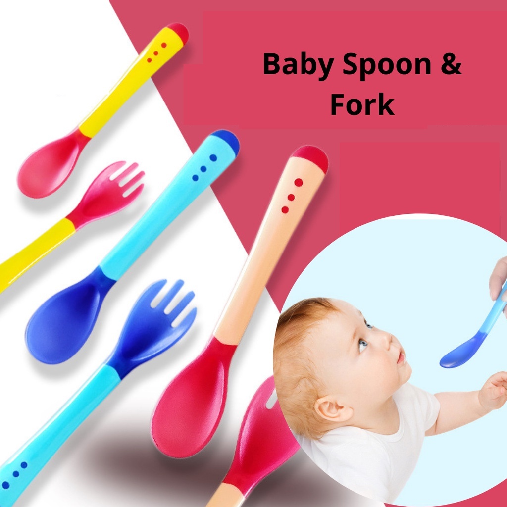 Baby silicone spoon temperature sensitive feeding baby spoon fork ...