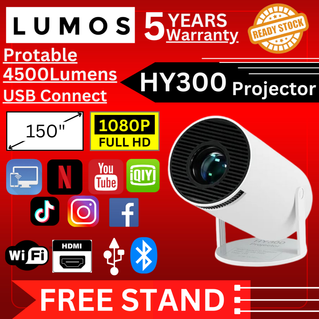 Lumos HY300 Android 11.0 LCD 4K Projector 4500 lumens HD 130 inch screen Double WIFI With ...