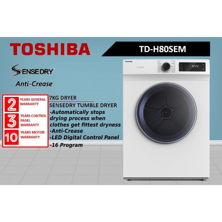 TOSHIBA 7KG SENSERDRY TUMBLE DRYER TD-H80SEM // TD-H80SEM(SK) | Shopee ...