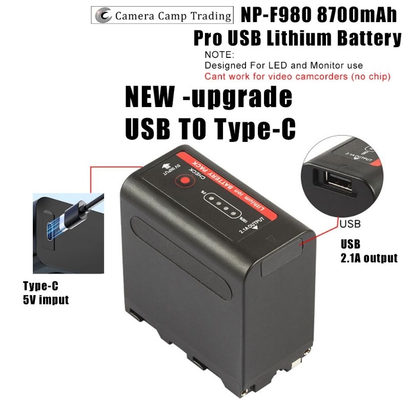 NP-F980 8700mAh Pro USB TO Type-C Lithium Battery /LCD Dual Slot Quick-Charger *with Type C -USB ...