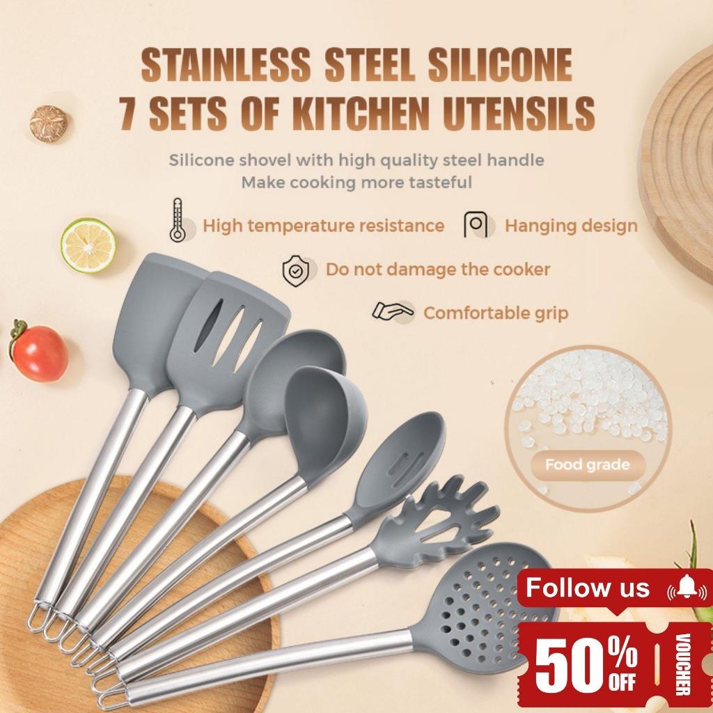 7pcs Silicone Utensils Cooking Tools with Stainless Steel Handle ...
