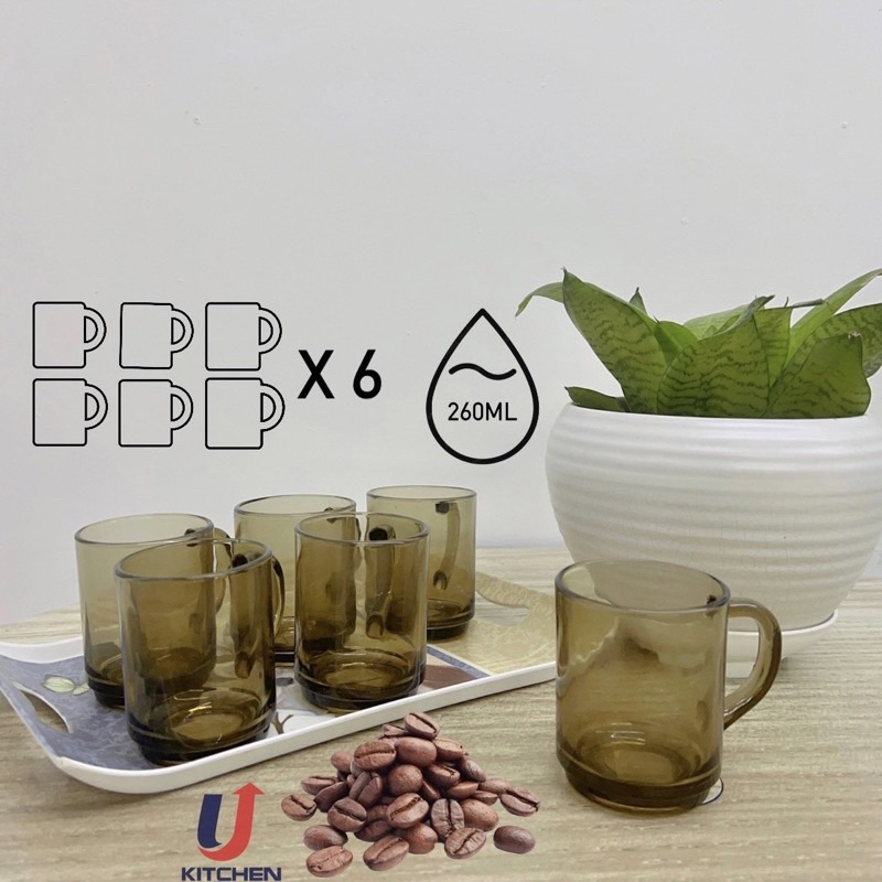 Kim Stackable Mug 6pcs Glass Coffee Cup Tempered 260ml / Gelas Cawan ...