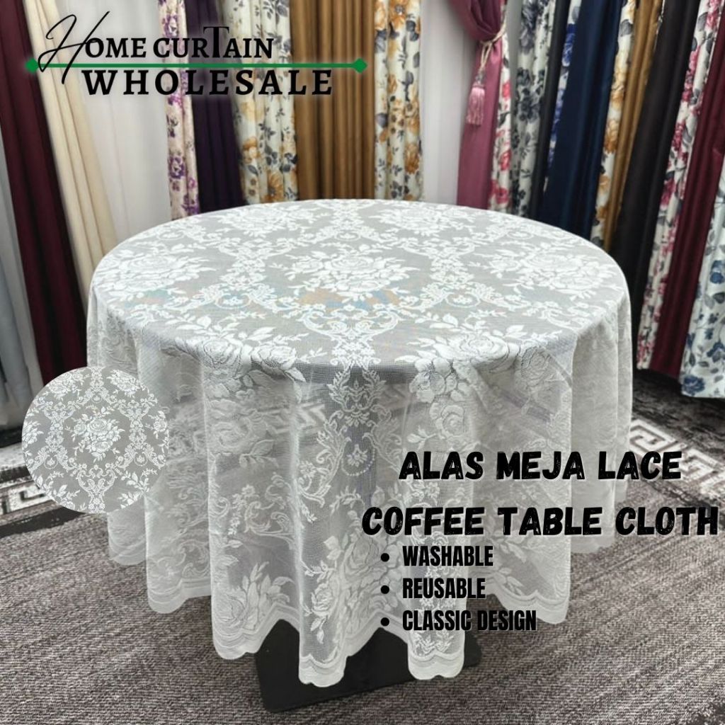 Alas Meja White Lace Putih Tablecloth Flower Embroided Alas Meja Sulam ...