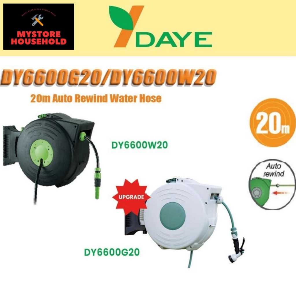 DAYE 20m Auto Rewind Roll-up Retractable Garden Wall-mounted Water Hose ...