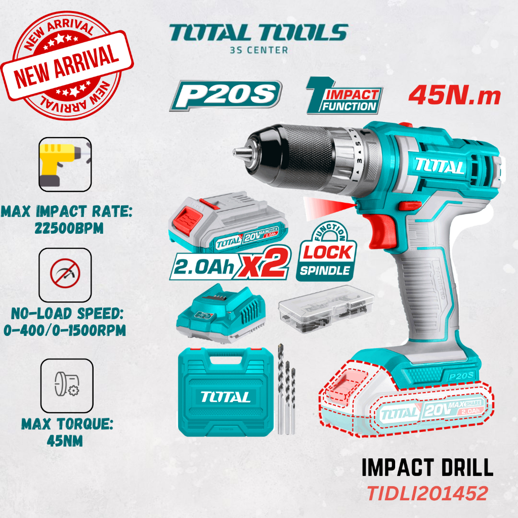 TOTAL Cordless Li-ion P20s 20v impact drill w/ Batteries, Charger ...