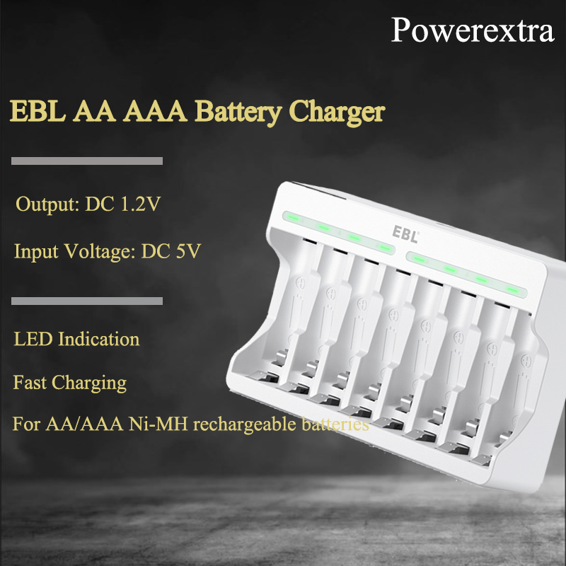 EBL 8-Bay AA AAA Rechargeable Battery Charger 5V 2A USB Cable Fast ...