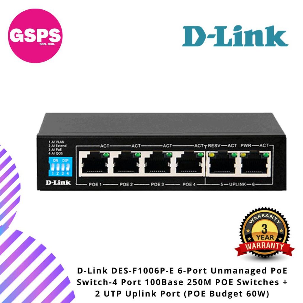 D-Link DES-F1006P-E 6-Port Unmanaged PoE Switch-4 Port 100Base 250M POE Switches + 2 UTP Uplink ...