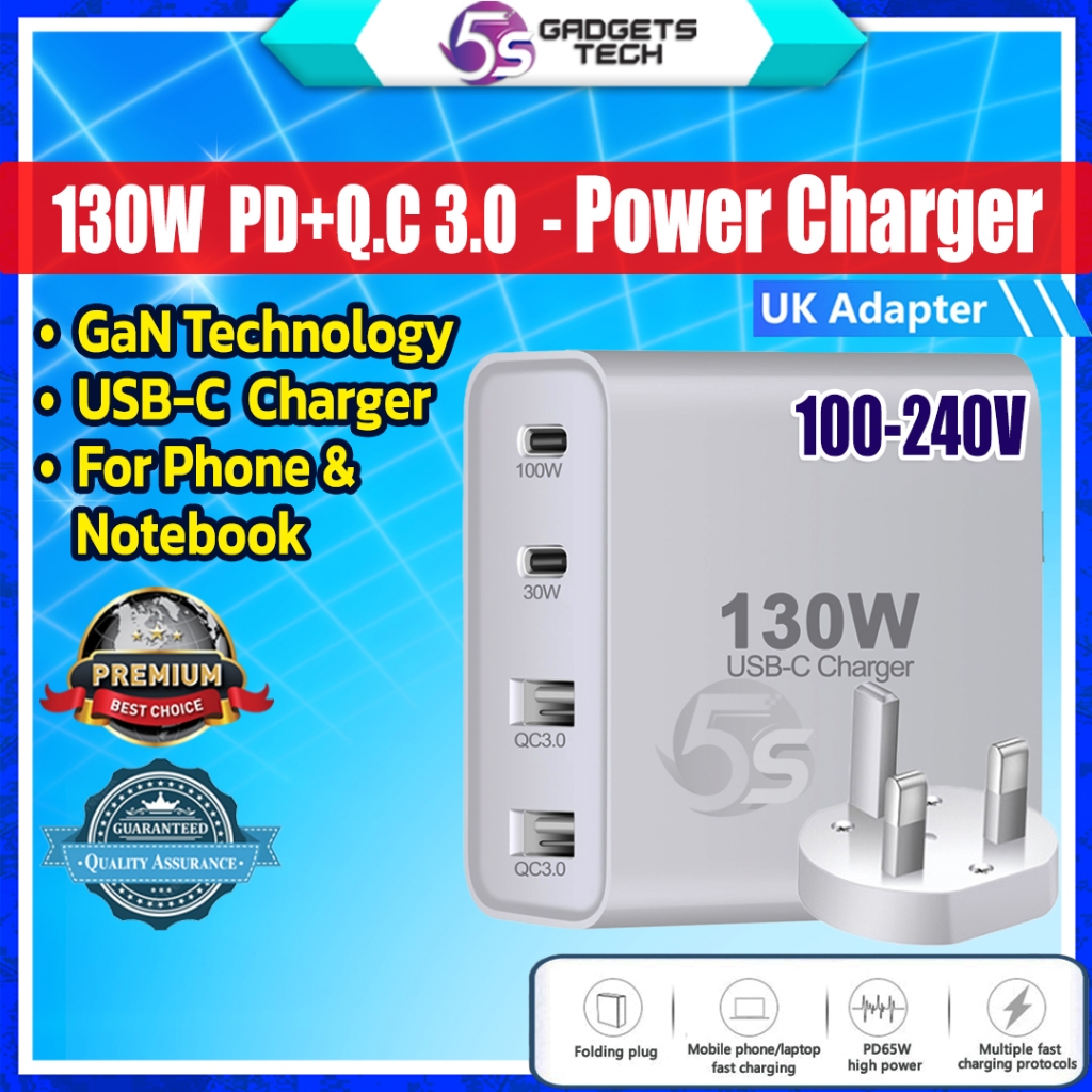5S 130W 100W 65W GaN USB C Power Charger Adapter Type C USB PD Fast Charger Quick Charge QC3.0 ...