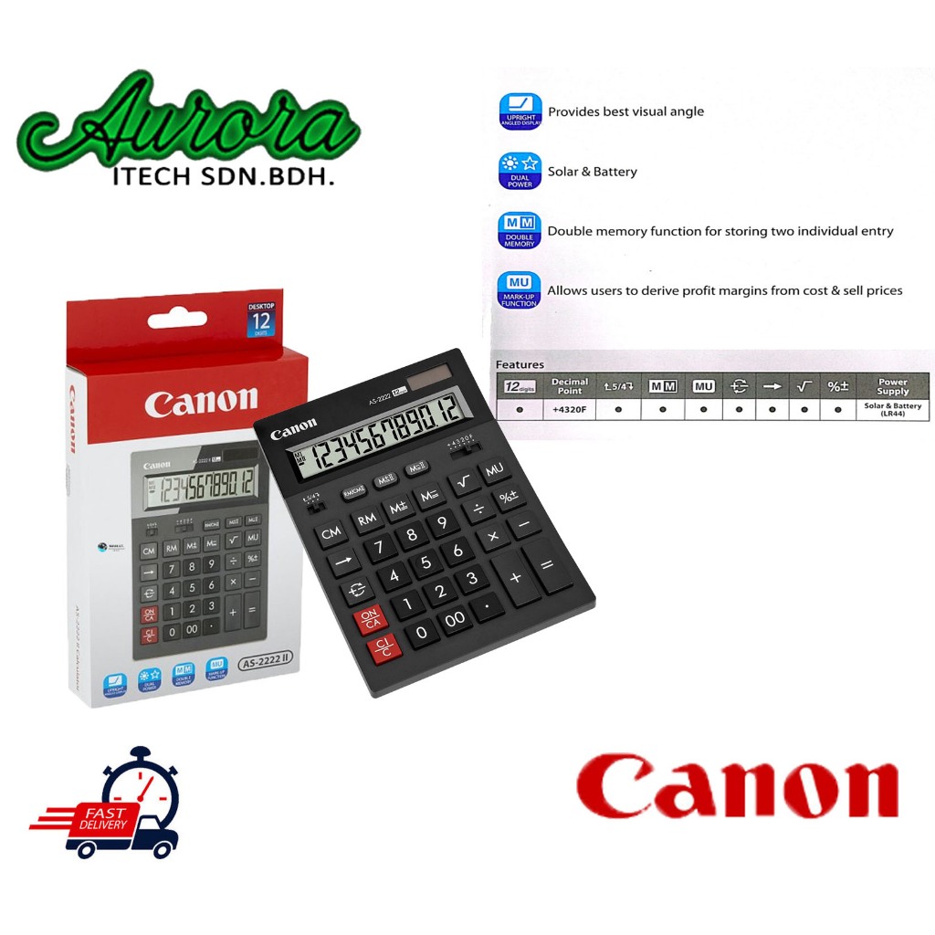 (NEW) CANON DESKTOP CALCULATOR AS-2222 II / DUAL POWER ( SOLAR ...