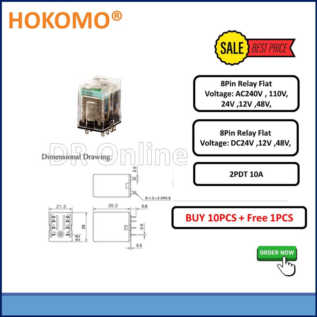 Hokomo Relay 8pin Flat Power General Relay AC 240/110/12/24/48V / DC 24 ...