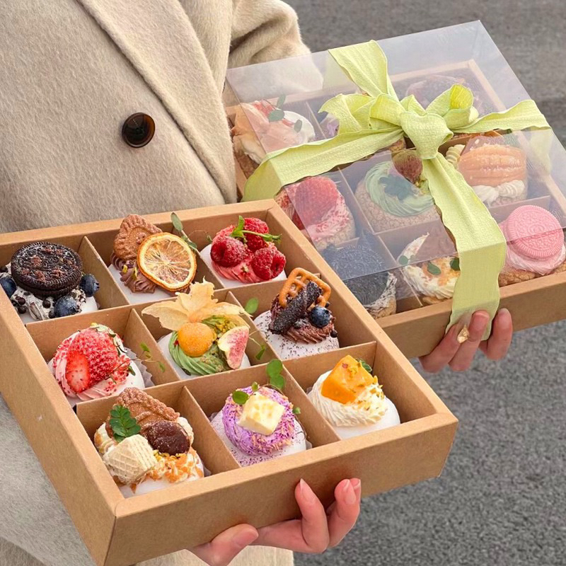 9 grids Dessert Packing Box with transparent cover Cake Box Bread ...