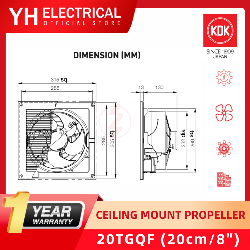 KDK 8"/ 10" inch Ceiling Mounted Ventilating Fan / Exhaust Fan 20TGQF ...