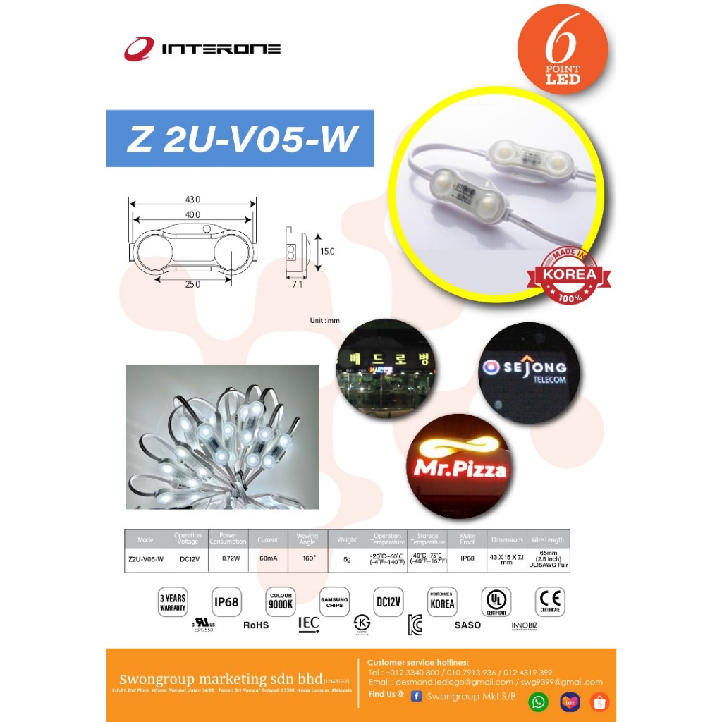 SAMSUNG LED MODULE Z2U-V05-W IMPORTED ORIGIN WORLD KOREA (2LED) (100PCS ...