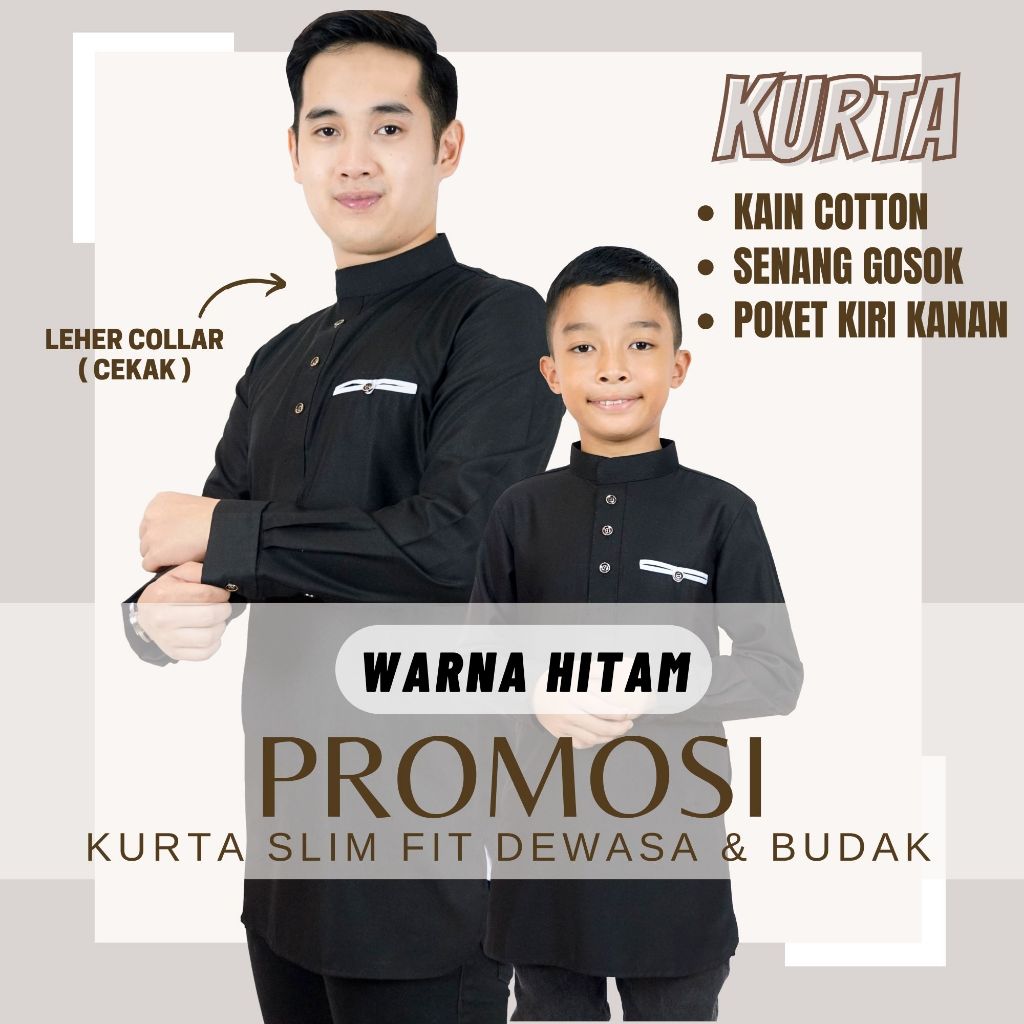 PROMOSI KURTA HITAM 】 Kurta SLIM FIT Dewasa & Budak Kain Cotton Baju ...