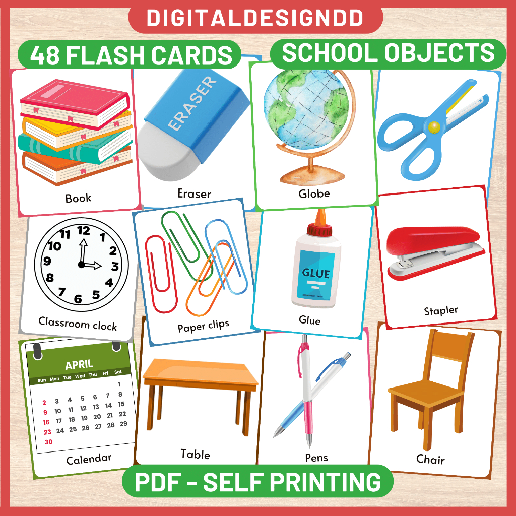 School and classroom objects PDF Flash Cards for kids preschool Kad ...