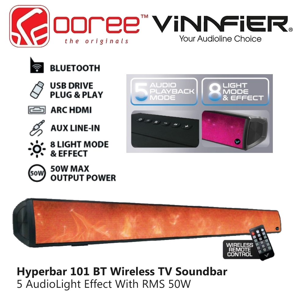 VINNFIER HYPERBAR 101 BT WIRELESS BLUETOOTH SOUNDBAR WITH 5 AUDIO LIGHT EFFECT WITH 50W MAX ...