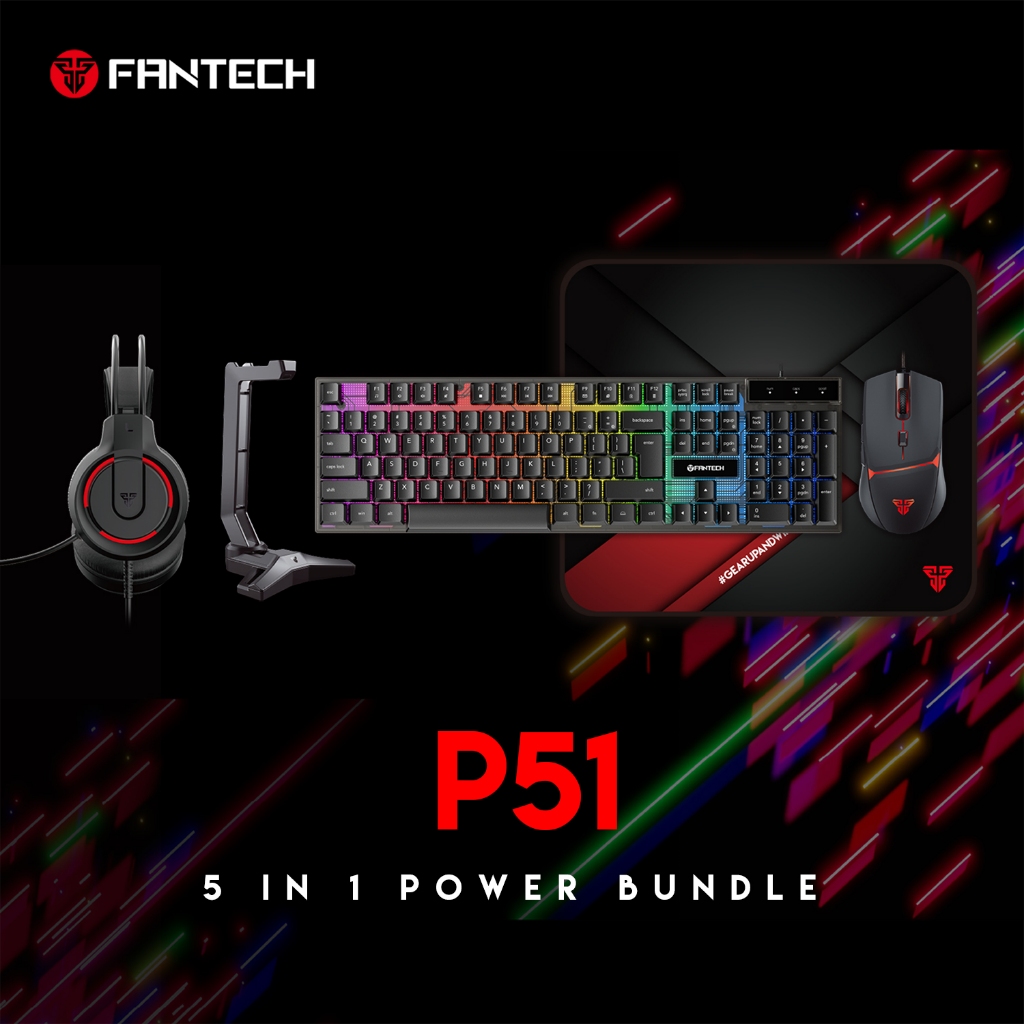FANTECH P51 5in1 POWER BUNDLE Wired Keyboard, Mouse, Headset, Stand & Mouse Pad Combo Set ...