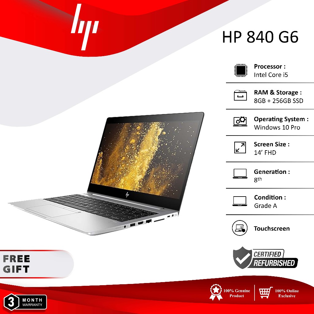 HP EliteBook 840 G6 Laptop Computer - 8th Gen Intel Core i5-8365U 1.6GHz - 8GB DDR4 RAM 256GB ...