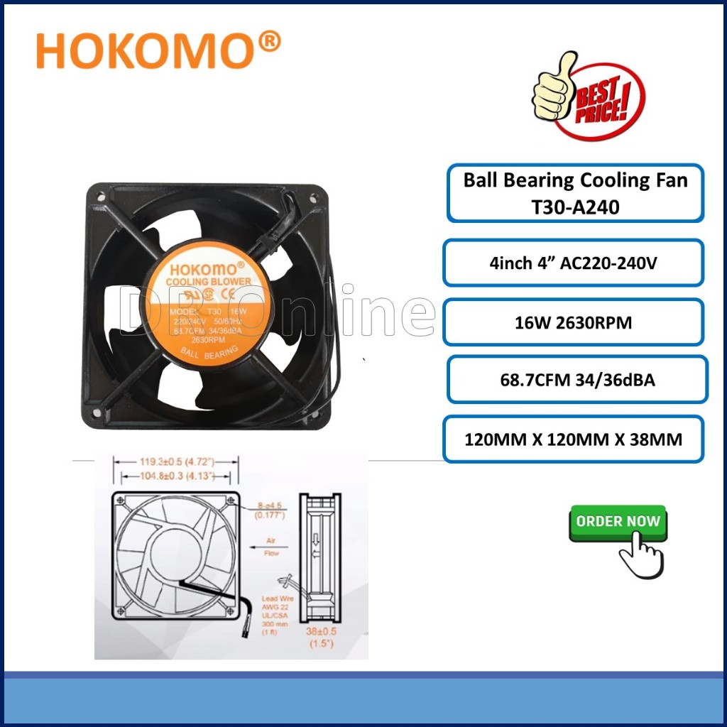 HOKOMO Cooling Blower Fan Axial Fan 4 Inch Ball Bearing 120mm x 120mm x 38mm 240VAC /110VAC ...