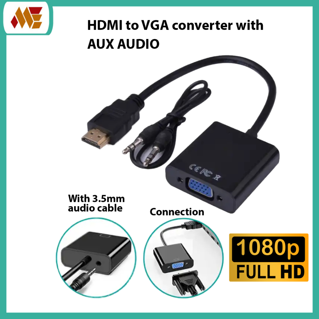 HDMI to VGA Converter 1080p with 3.5mm AUX Audio Jack Cable | Shopee ...