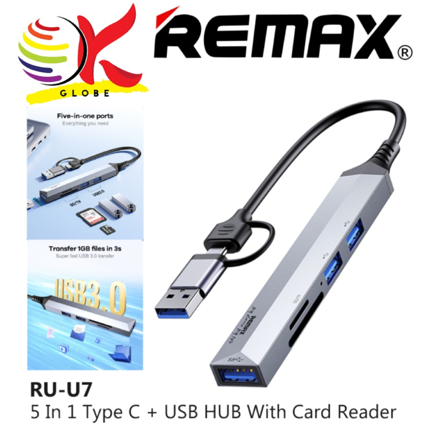 REMAX RU-U7 USB + TYPE C 5 IN 1 PORTS USB HUB CONVERTER SPLITTER 2*USB 3.0 + 1*USB2.0 + 1*SD 1 ...