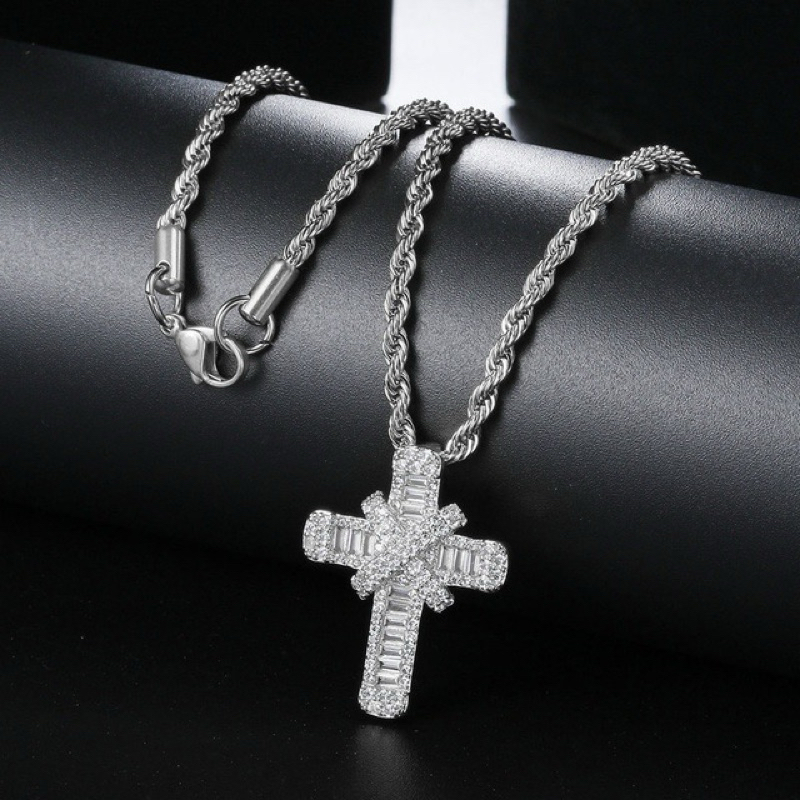 HipHop Cross Pendant Necklace for Men Women Rapper Stainless Steel Rope ...