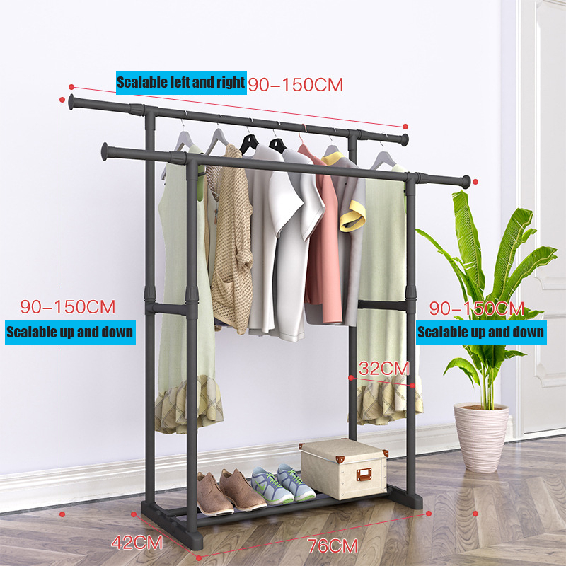 Single/Double Pole Clothes Hanging Rack with Wheels Laundry Organizer ...