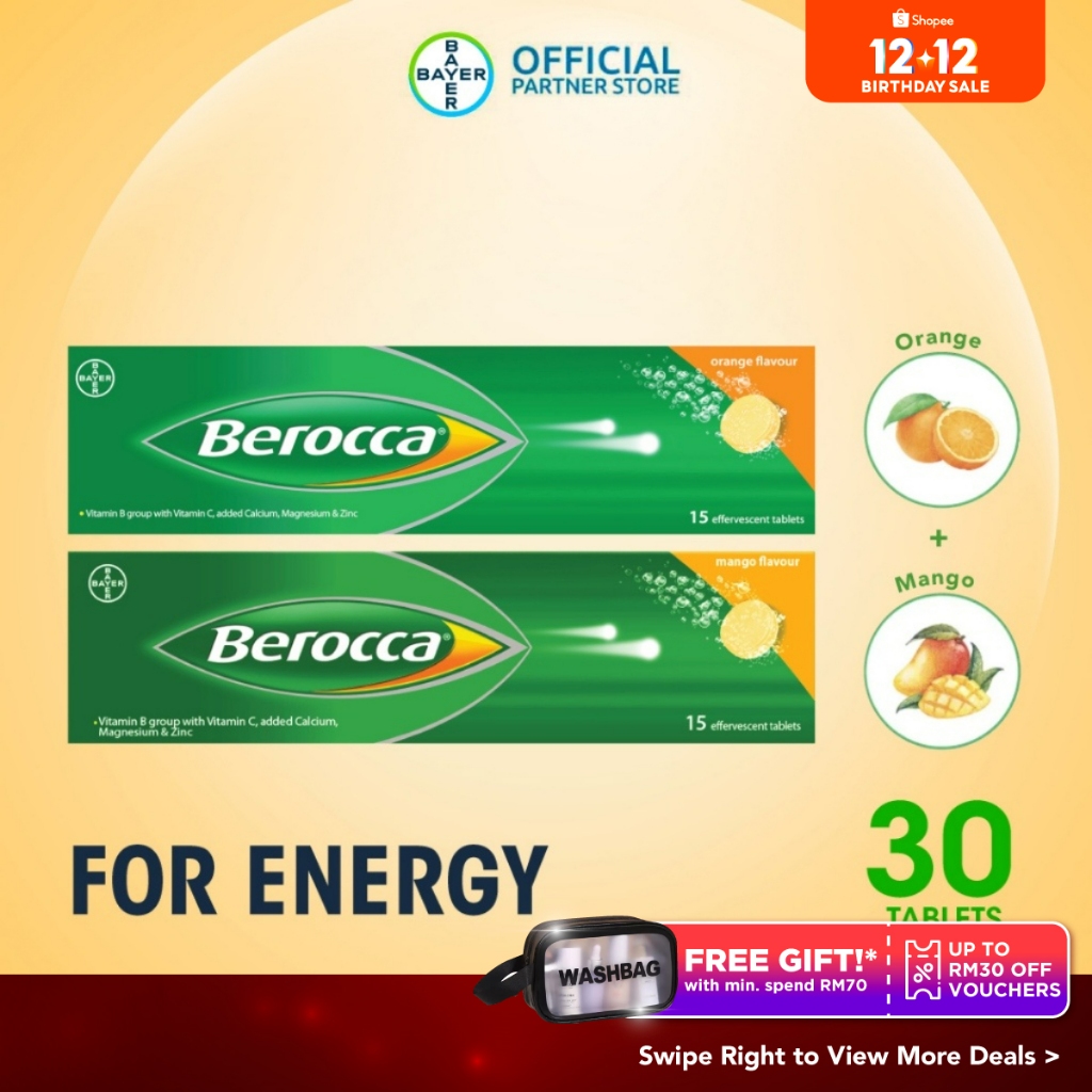 Berocca Effervescent Tablets Orange (15's) + Berocca Effervescent Tablets Mango (15's) | Shopee ...