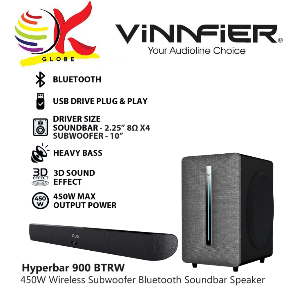 VINNFIER HYPERBAR 900 BTRW 450W HOME TV SOUNDBAR 10'' WIRELESS ...