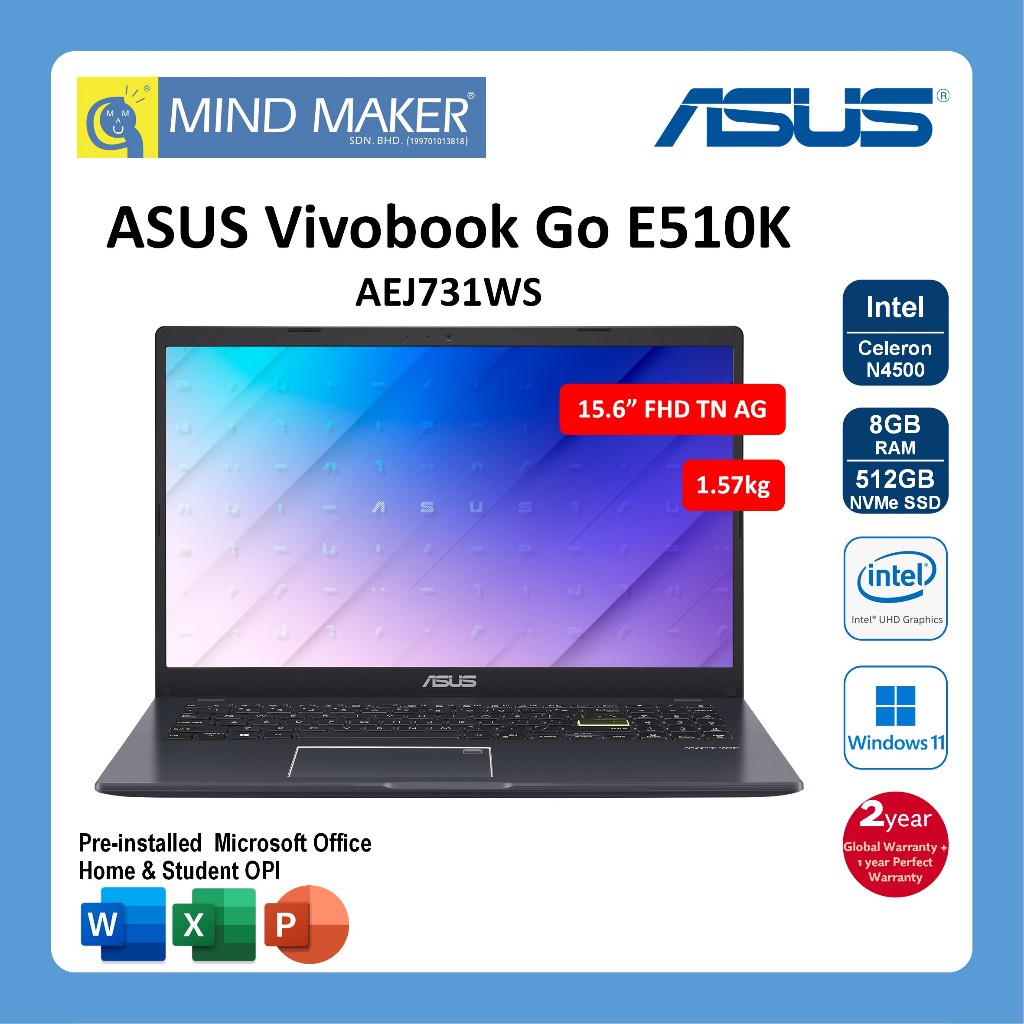 Asus Vivobook Go E510K-AEJ731WS (PeacockBlue) N4500 / Win11 / Office ...