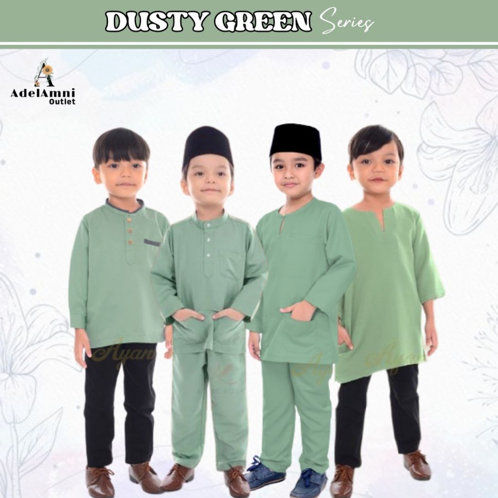 Tema Dusty Green & Green Tea Kurta Baju Melayu Budak Lelaki Kids Plain ...