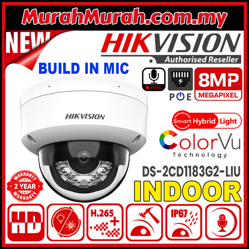 HIK HIKVISION DS-2CD1183G2-LIU 8.0MP POE + COLORVU + MIC / AUDIO Smart Hybrid Light 8MP 2160P IP ...