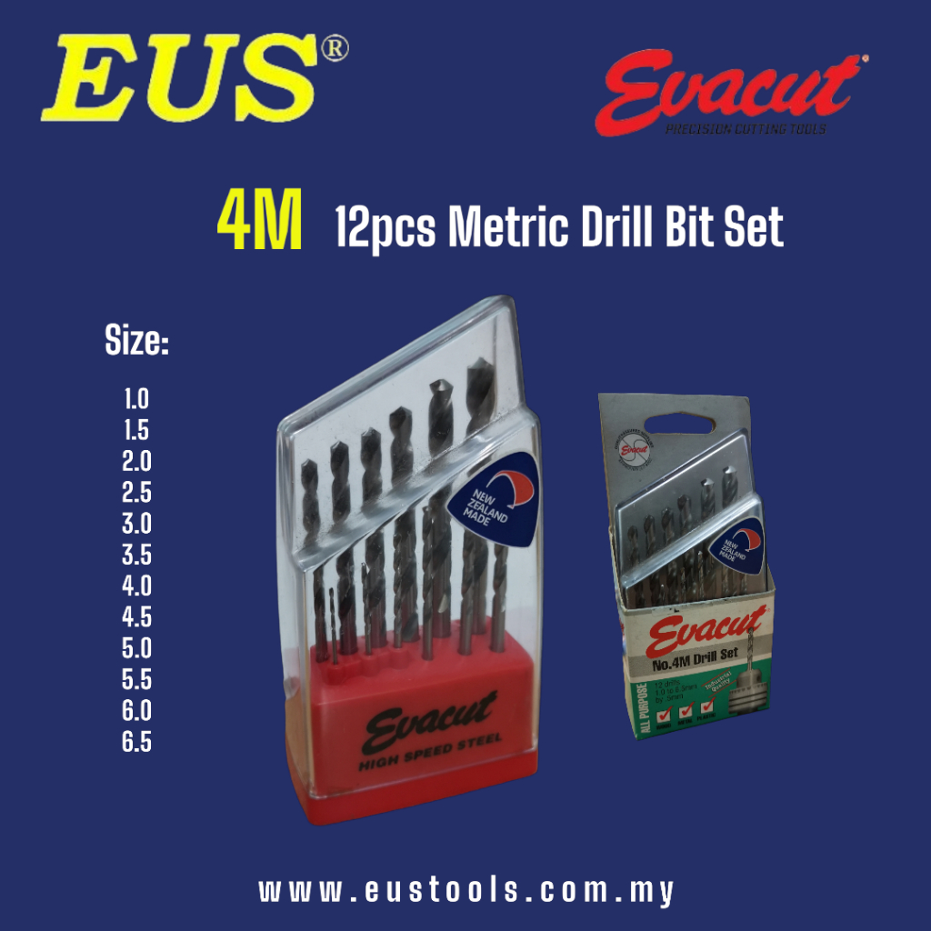 [Original Evacut] 4M Drill Bit Set (1.0 ~ 6.5mm x 12pcs x 0.5 rise) (Stock Clearance) | Shopee ...