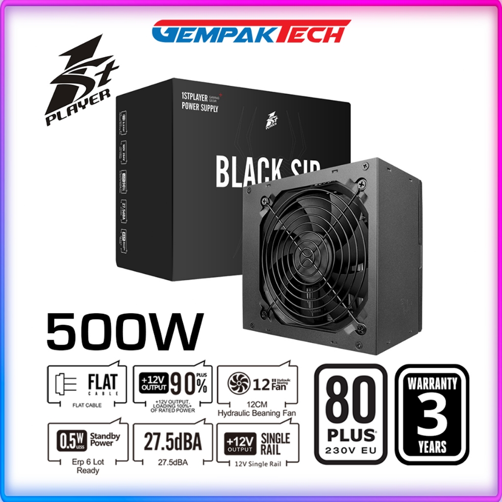 1st Player Black Sir PS-500EUW [Non Modular] Power Supply PSU with Flat ...