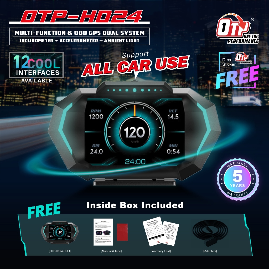 OTP-H024 H06+ OBD2 Meter Speedometer Gauge P24 P6 HUD WaterTemp Turbo Proton Honda Perodua ...