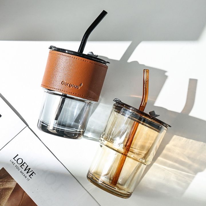 Glass Straw Cup with Lid Glass Cup Cawan Kaca Gift set Hadiah Murah Tea ...