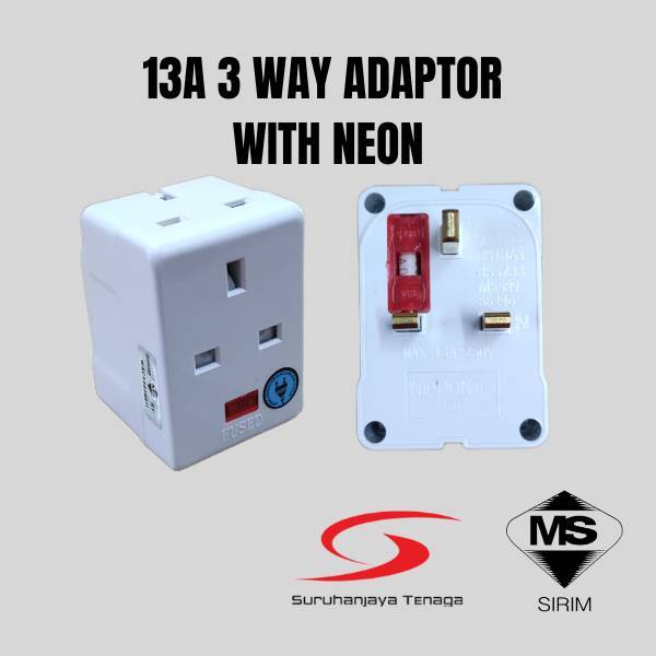 (SIRIM)13A 3 Way Adaptor with Neon Light 13A Adaptor 3 Pin Plug ...