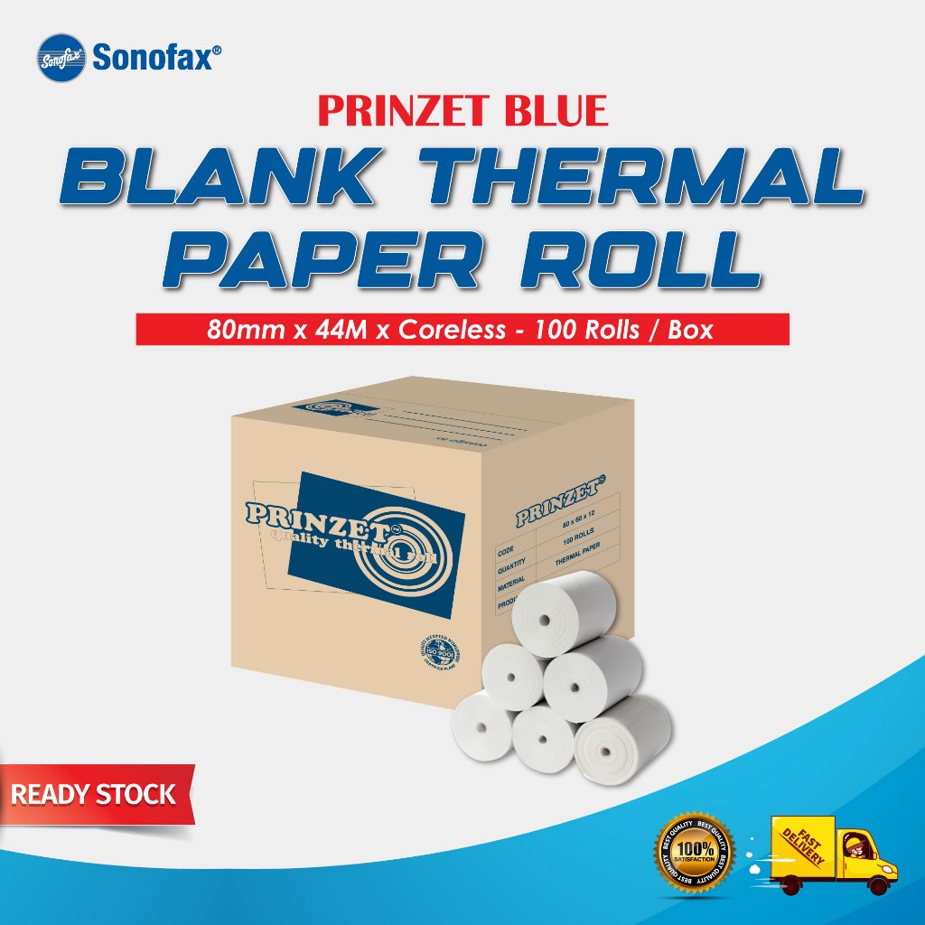 PRINZET Blue Blank Thermal Receipt Roll Coreless (80mm x 44M x 100 ...