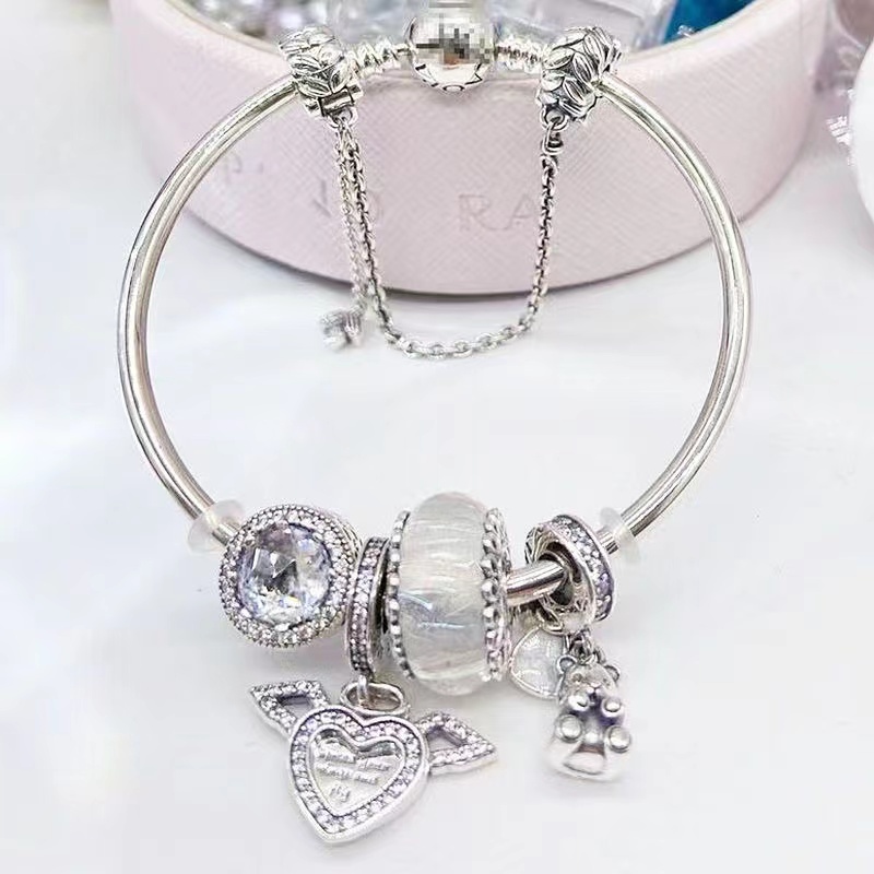 Pandora Bracelet Angel Wings Safety Chain White Cat Eye Pacifier Bear ...