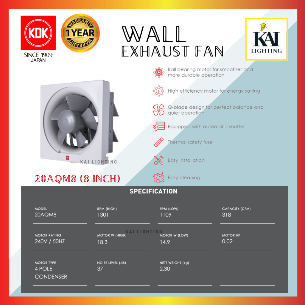 KDK Wall Mounted Exhaust Ventilating Fan KDK 15AAQ1/ KDK 20AQM8/ KDK 25AQM7/ KDK 30AQM / 20ALA ...