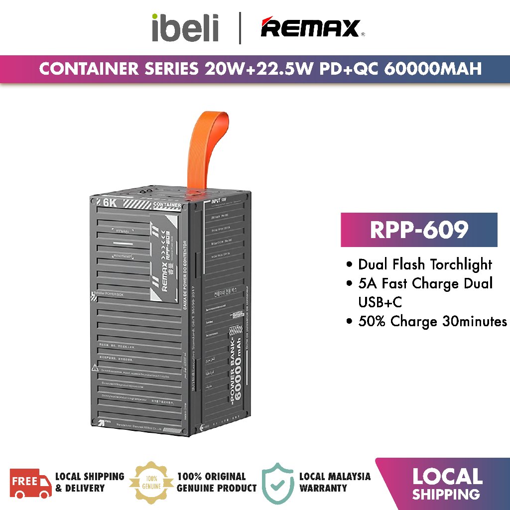 Remax RPP-609 Container Series PD + QC Outdoor Powerbank With LED Light (20W + 22.5W/60000mAh ...