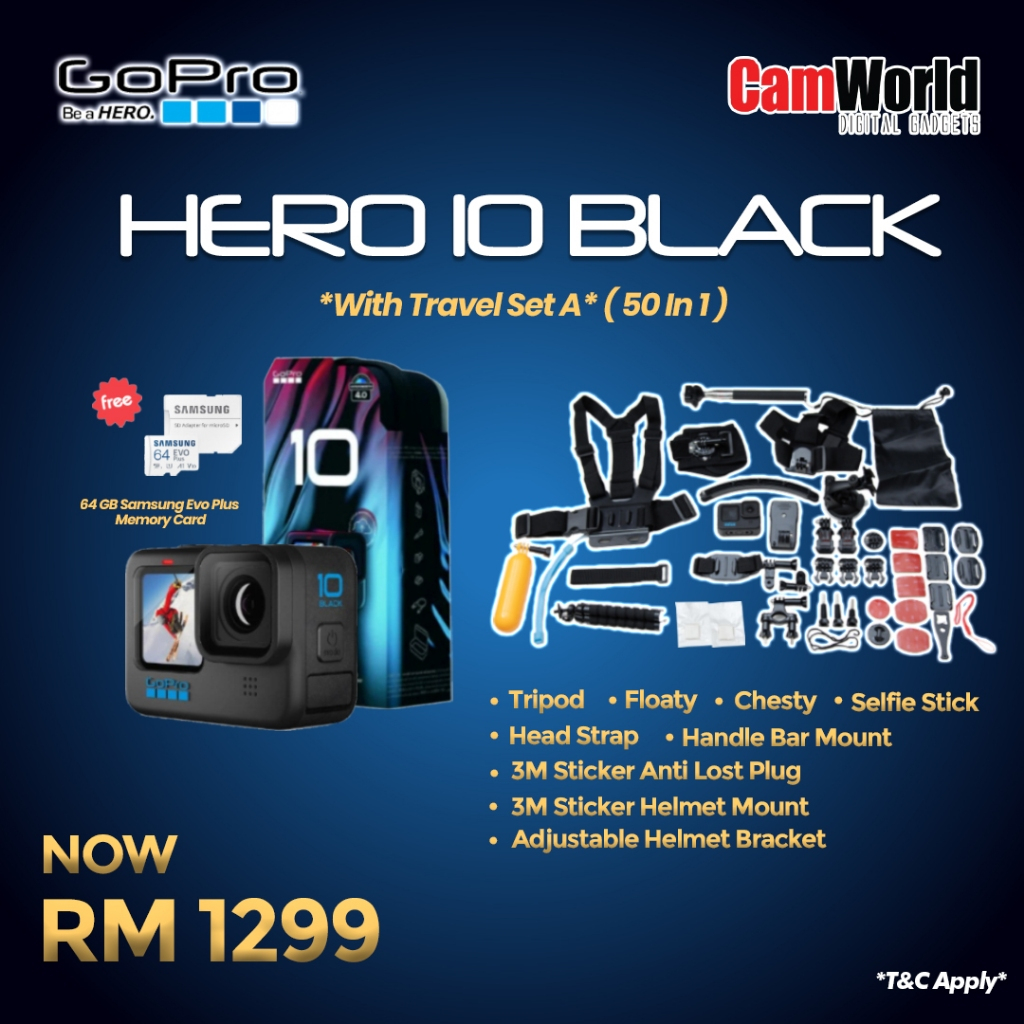 Gopro Hero 10 Black With Travel SET A (50 in 1) ( GOPRO MALAYSIA ) | Shopee Malaysia