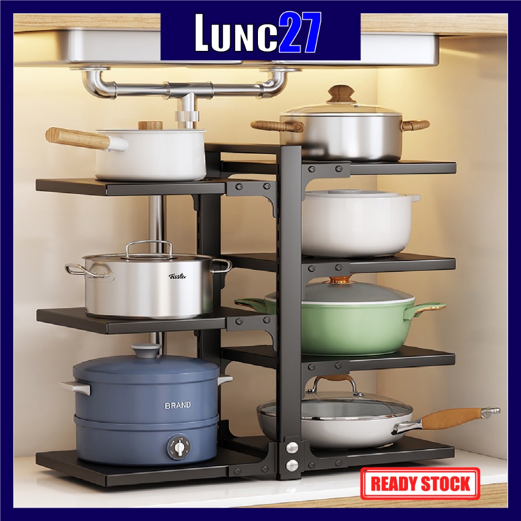 High quality 2/3/4 Tiers Adjustable Pot and Pan Rack Organizer Rak ...