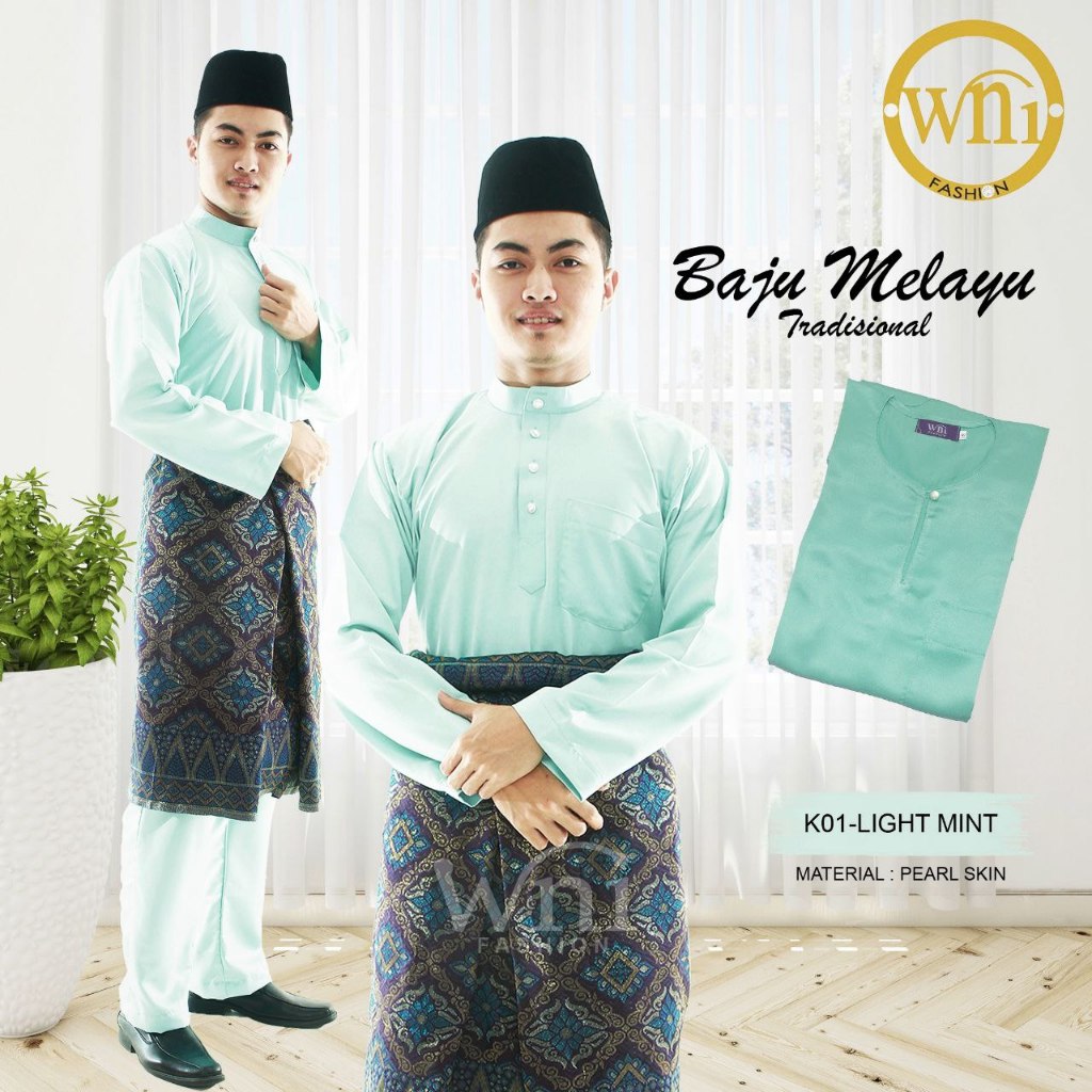 Baju Melayu Tradisional WNI Berpesak (01 Light Mint Green) | Shopee ...
