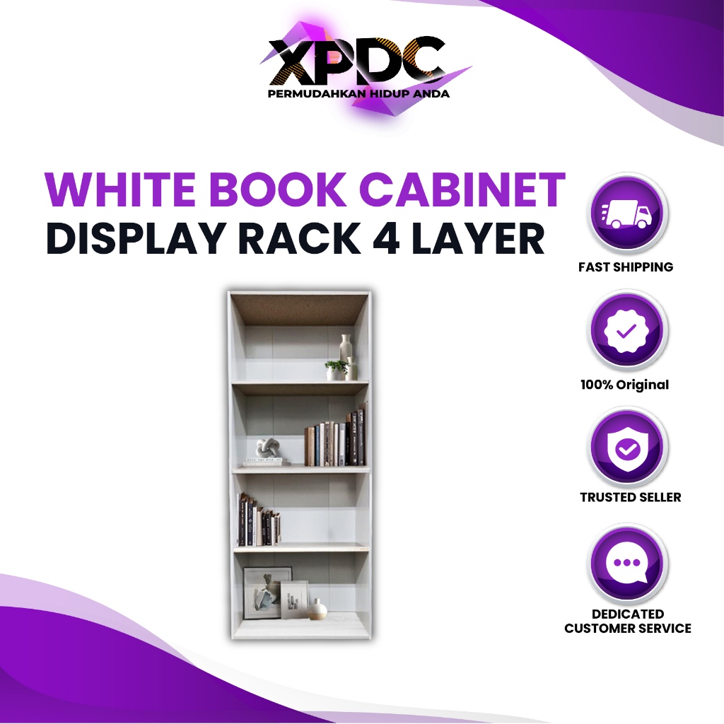 White Book Case Cabinet / Rak Buku / Almari Buku / Display Rack 4 Layer ...